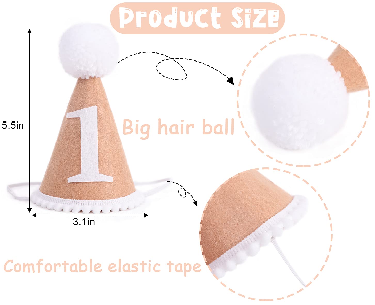 Baby 1st Birthday Party Hat - Handmade Wool Felt Hat for Kids, Photo Booth Props, Backdrop, Cake Smash, and First Birthday Accessories (Beige)