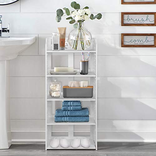 Yosooo 5 Tier Wood Plastic Carved Shoe Rack,White Shoe Cabinet Tall CD Display Storage Organizer Stand Bookshelf