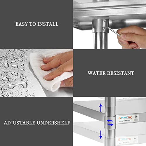STABLEINK NSF Stainless Steel Table, 24 x 48 Inches Metal Prep & Work Table with Adjustable Undershelf, for Commercial Kitchen, Restaurant, Hotel and Garage