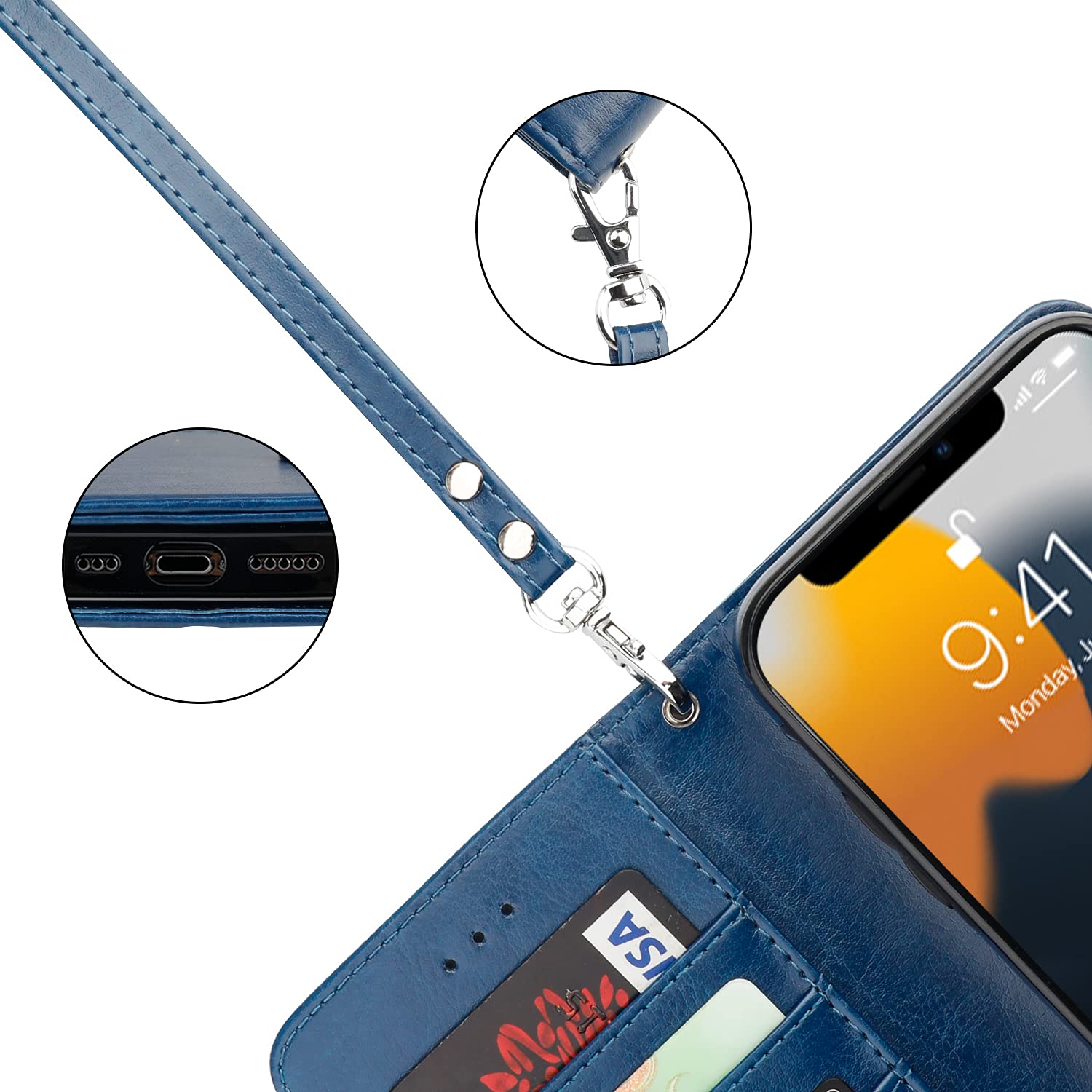 Bocasal Detachable Wallet Case for iPhone 13 RFID Blocking Card Slots Holder Premium PU Leather Magnetic Kickstand Shockproof Wrist Strap Removable Flip Protective Cover 5G 6.1 inch (Blue)