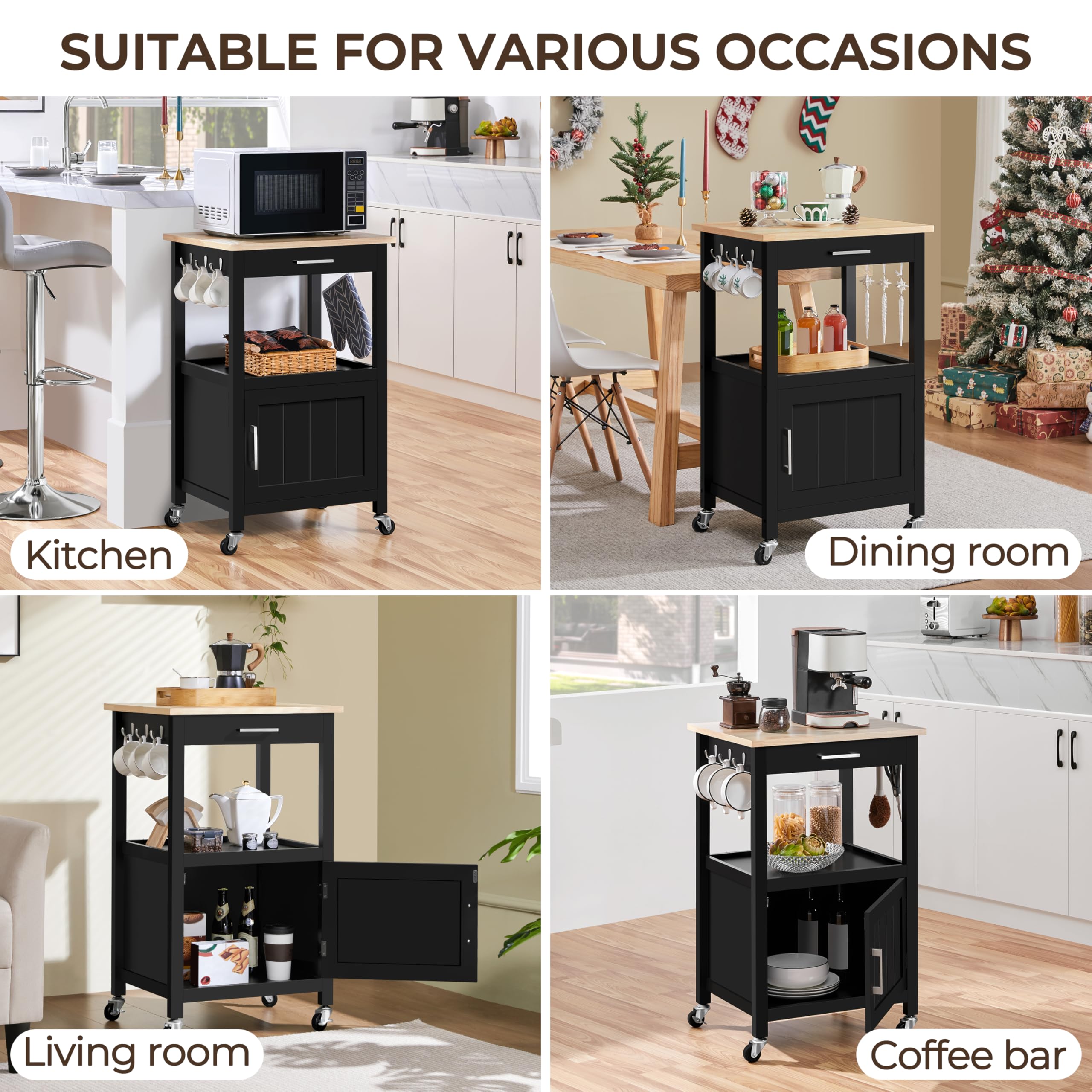 Yaheetech Small Kitchen Island on Wheels with Wood Top and Drawer, Trolley Cart with Open Shelf and Storage Cabinet for Dining Room, 22x18x35 Inches, Black