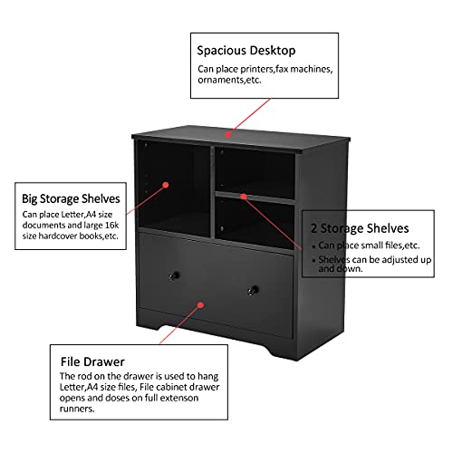Panana Wood File Cabinet with a Big Drawer, Mobile Lateral Filing Cabinet for Home Office Storage Cabinet Organizer (Black)