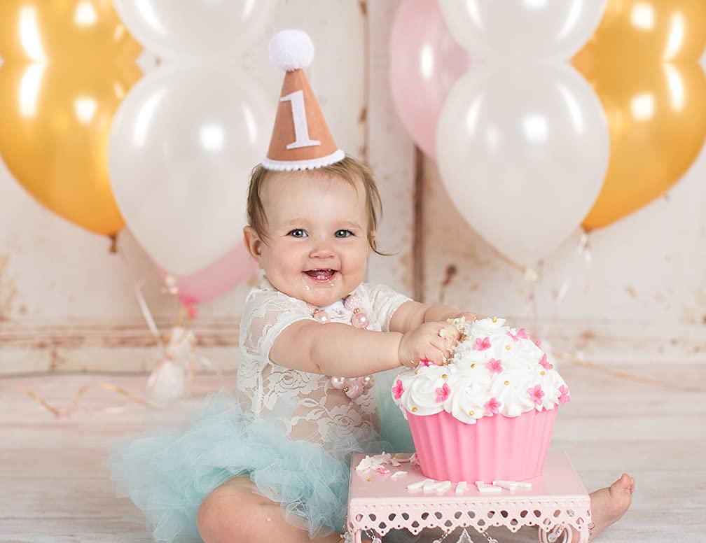 Baby 1st Birthday Party Hat - Handmade Wool Felt Hat for Kids, Photo Booth Props, Backdrop, Cake Smash, and First Birthday Accessories (Beige)