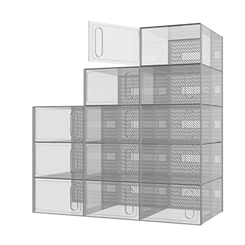 LUTSPC Large Shoe Storage with Magnetic Door, 12 Pack Shoe Storage Boxes, Clear Plastic Shoe Organizer for Closet, Space Saving Stackable Shoe Container for Entryway, Under Bed, Wardrobe, Bathroom Storage (Grey)