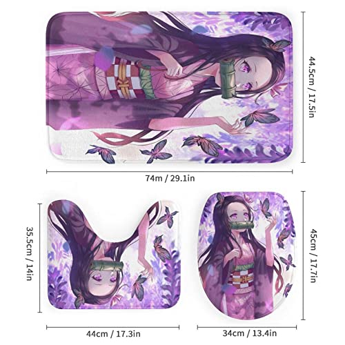 FFIS Anime 𝐃𝐞.𝐌𝐨𝐧 𝐒𝐥𝐚.𝐘𝐞𝐫 𝐍𝐞𝐳𝐮.𝐊𝐨 Bathroom Shower Curtain Set, 4 Piece Bathroom with Waterproof Shower Curtain and Non Slip Shower Mat & Toilet Lid Cover Mat U Carpet