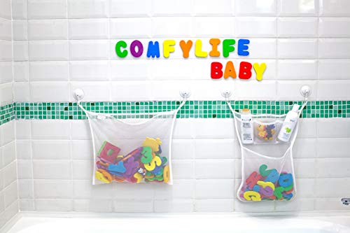 Comfylife 2 x Mesh Bath Toy Organizer + 6 Ultra Strong Hooks + 36 Bath Letters & Numbers β Eco-Safe, Fun, Educational Foam Baby Bath Letters and Perfect Toy Storage Net for Baby Bath Toys & More