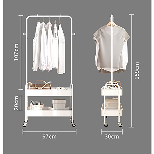 ZBYL Clothing Rolling Wardrobe Garment Rack with Wheels, Metal Clothes Closet Rack with Bottom Shelf, Portable Organizer Standard Rod with Hooks for Hanging Clothes, 68×160cm