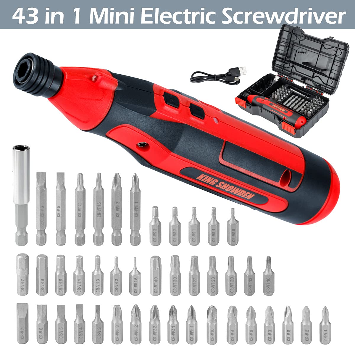 King Showden Electric Screwdriver 4V Cordless Power Screw Drivers Kit with 42 pcs Drill Bits, USB Rechargeable Lithium ion Battery, LED Work Light, Carrying Case