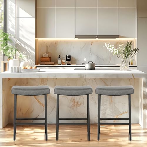 ALPHA HOME Bar Stools Backless Saddle Seat Barstools Modern PU Leather Cushion Counter Height Chairs Set of 2 for Kitchen Island, Dining Pub and Bistro, 24 Inches, Grey, 2PCS
