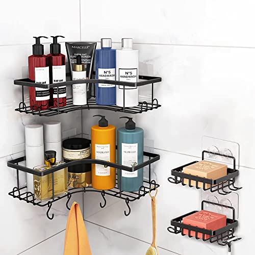 Corner Shower Caddy, 4-Pack Adhesive Bathroom Organizer with Soap Holder & 12 Hooks, Shower Organizer, Rustproof Stainless Steel Shower Organizer, No Drilling Shower Shelves for Bathroom/Kitchen