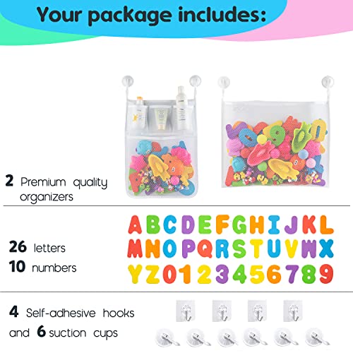Comfylife 2 x Mesh Bath Toy Organizer + 6 Ultra Strong Hooks + 36 Bath Letters & Numbers β Eco-Safe, Fun, Educational Foam Baby Bath Letters and Perfect Toy Storage Net for Baby Bath Toys & More