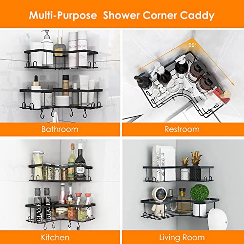 Corner Shower Caddy, 4-Pack Adhesive Bathroom Organizer with Soap Holder & 12 Hooks, Shower Organizer, Rustproof Stainless Steel Shower Organizer, No Drilling Shower Shelves for Bathroom/Kitchen