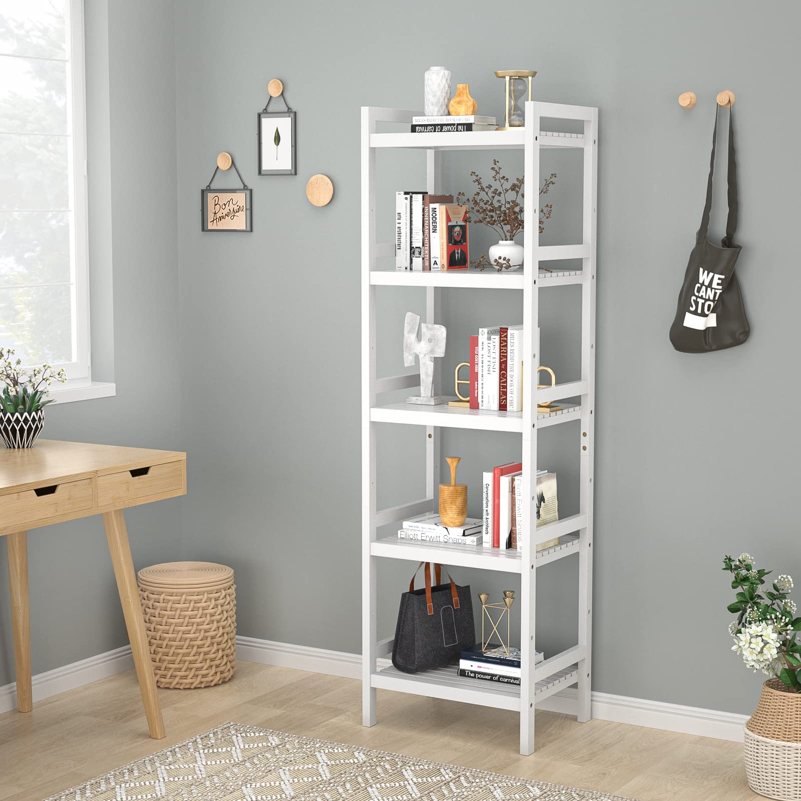 Homykic Bamboo Bookshelf, 5-Tier Narrow 55.9” Adjustable Book Shelf Bookcase Bathroom Shelves Freestanding Storage Stand for Living Room, Bedroom, Kitchen, Rust Resistance, Easy Assembly, White