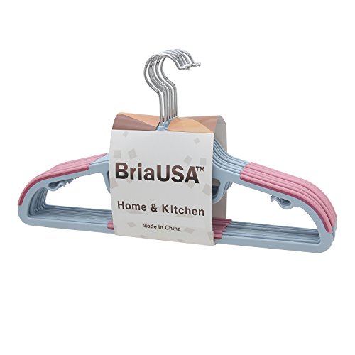 BriaUSA Dry Wet Clothes Hangers Amphibious Pink with Non-Slip Shoulder Design, Steel Swivel Hooks – Set of 10