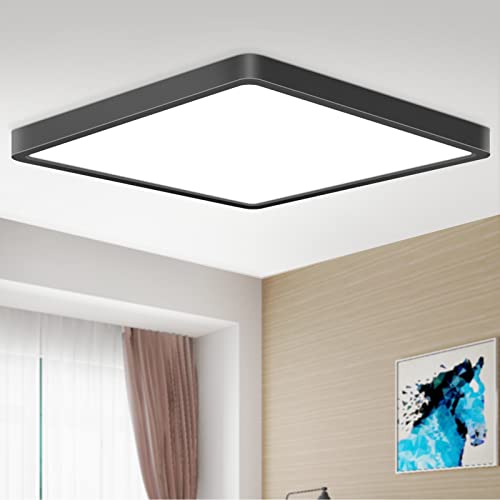 LED Flush Mount Ceiling Light Fixture, 12 Inch 24W, Daylight White 5000K Square Ceiling Light, 3200LM Black Flush Ceiling Lamp, Flat Slim Ceiling Light Fixture for Kitchen Bedroom Stairwell Hallway