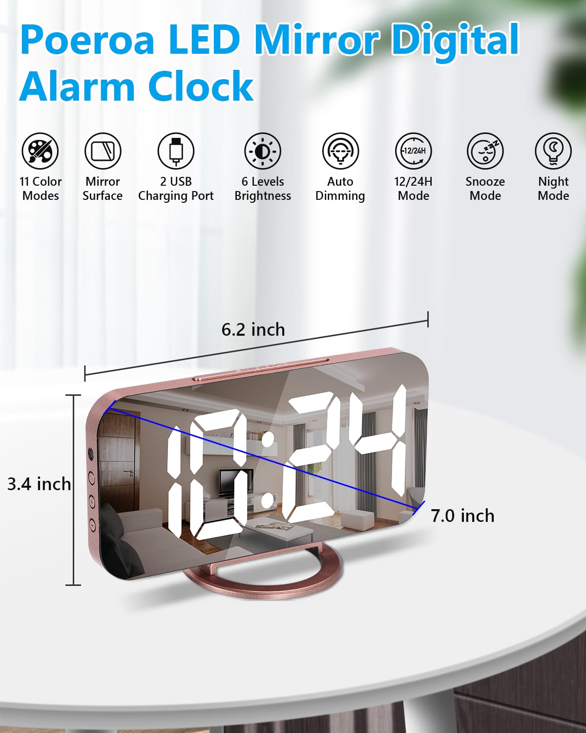 Digital Alarm Clock,7 Inch LED Mirrored Large Display, with Dual USB Charger Ports,Auto Dim,Snooze Function,Modern Desk Wall Electronic Clocks for Bedroom Living Room Office - Rose Gold