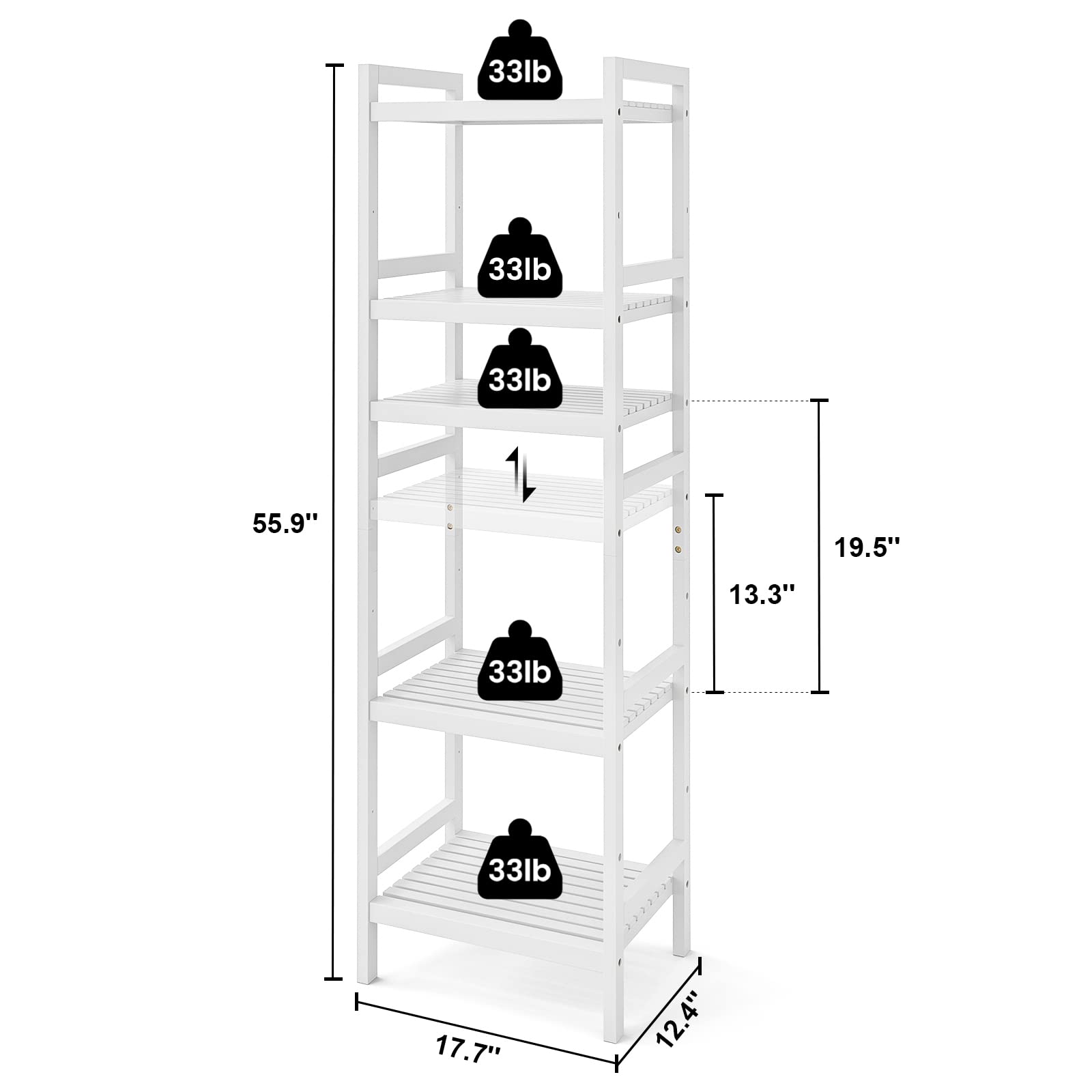 Homykic Bamboo Bookshelf, 5-Tier Narrow 55.9” Adjustable Book Shelf Bookcase Bathroom Shelves Freestanding Storage Stand for Living Room, Bedroom, Kitchen, Rust Resistance, Easy Assembly, White