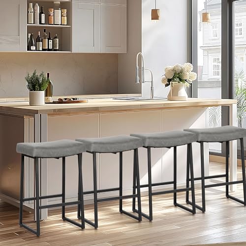 ALPHA HOME Bar Stools Backless Saddle Seat Barstools Modern PU Leather Cushion Counter Height Chairs Set of 2 for Kitchen Island, Dining Pub and Bistro, 24 Inches, Grey, 2PCS