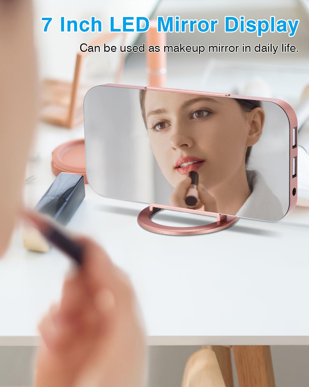 Digital Alarm Clock,7 Inch LED Mirrored Large Display, with Dual USB Charger Ports,Auto Dim,Snooze Function,Modern Desk Wall Electronic Clocks for Bedroom Living Room Office - Rose Gold