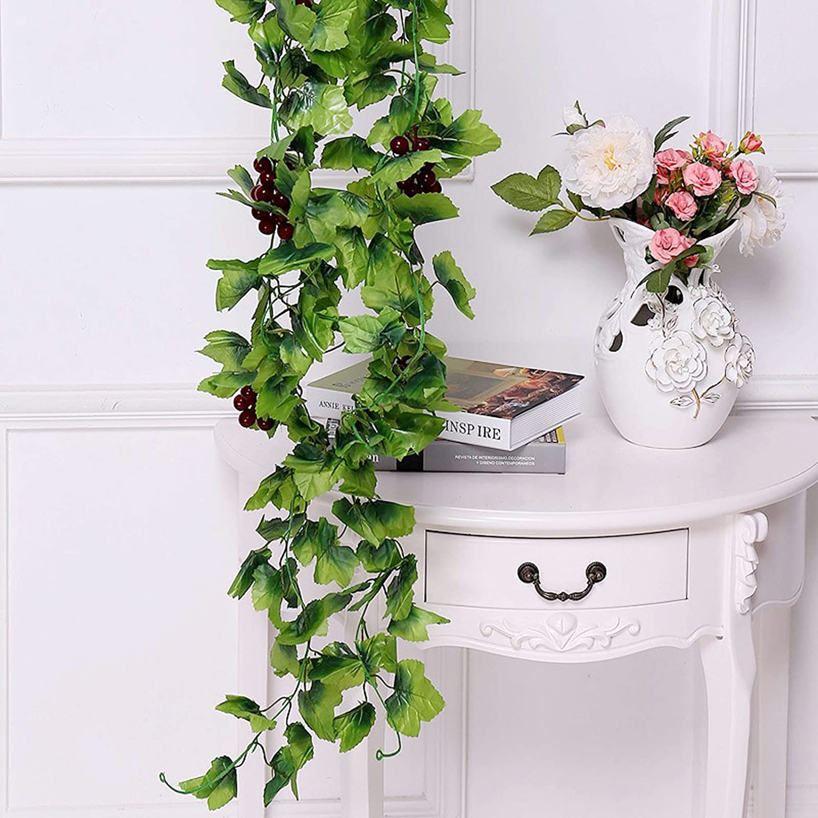 5 Pcs Artificial Grape Leaves Vines Hanging Fake Vine Garlands Lifelike Simulation Fruit Grapes Rattan for Garden Home Wedding Party Decoration