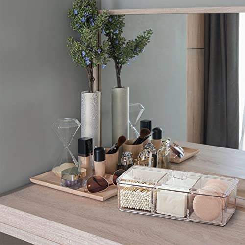 Square Qtip Holder Dispenser, 3 Compartments Cotton Ball Holder, Bathroom Canisters for Cotton Swab, Ball, Cotton Pad Organizer, Clear Acrylic Containers with Lid for Bathroom Vanity Countertop