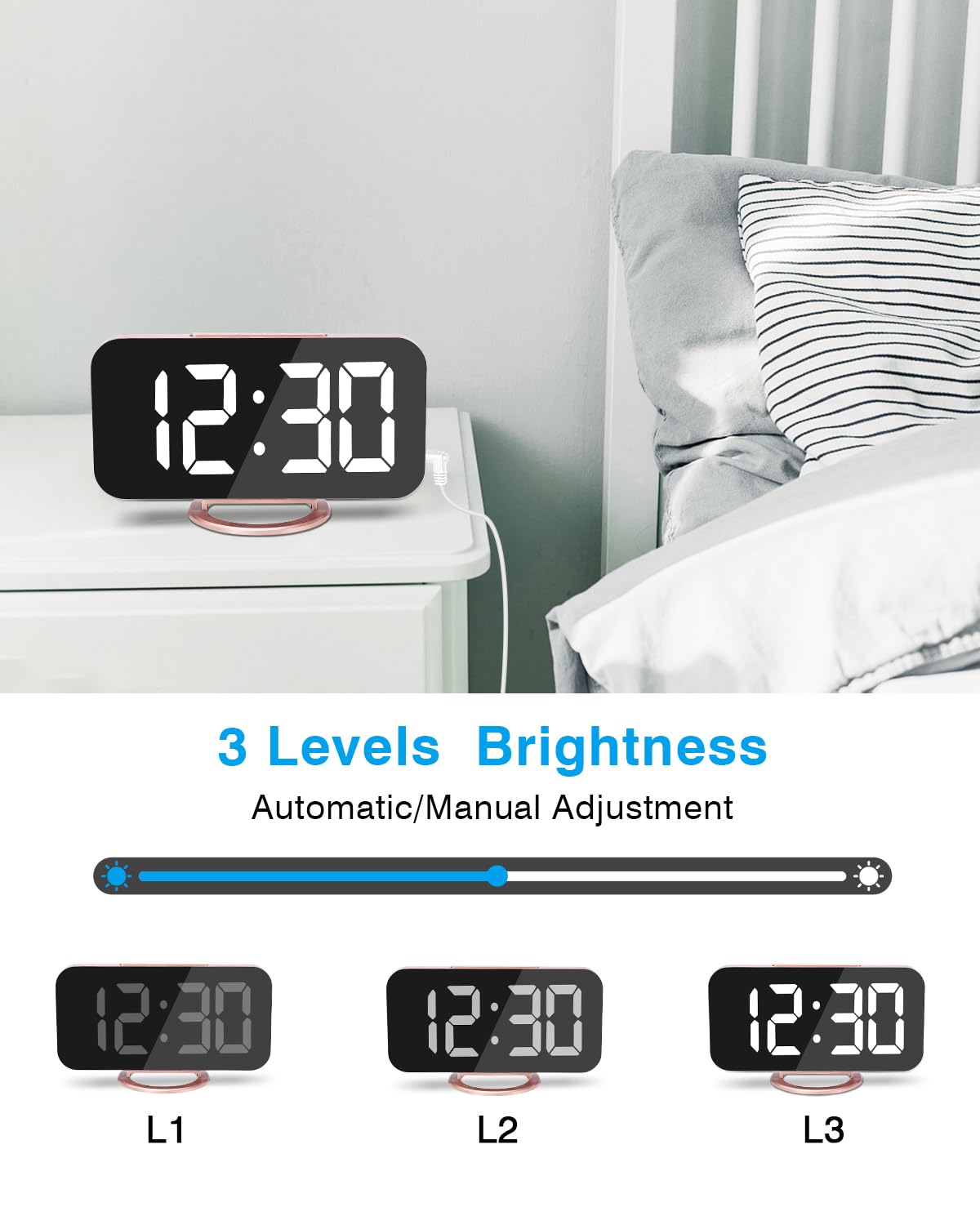 Digital Alarm Clock,7 Inch LED Mirrored Large Display, with Dual USB Charger Ports,Auto Dim,Snooze Function,Modern Desk Wall Electronic Clocks for Bedroom Living Room Office - Rose Gold