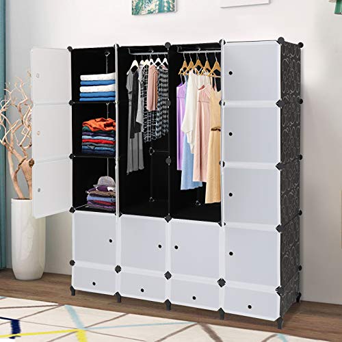 VINGLI Portable Closet Shelves, 16 Cube Clothes Organizer, Plastic Playroom Storage, Storage Closet, DIY Cube Storage Organizer with Doors and Hanging Rods