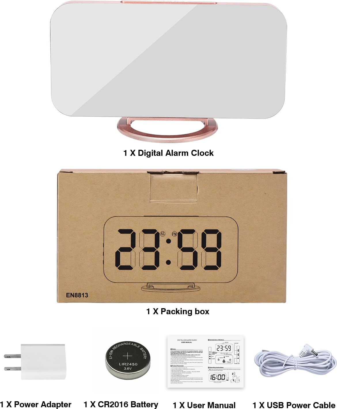 Digital Alarm Clock,7 Inch LED Mirrored Large Display, with Dual USB Charger Ports,Auto Dim,Snooze Function,Modern Desk Wall Electronic Clocks for Bedroom Living Room Office - Rose Gold
