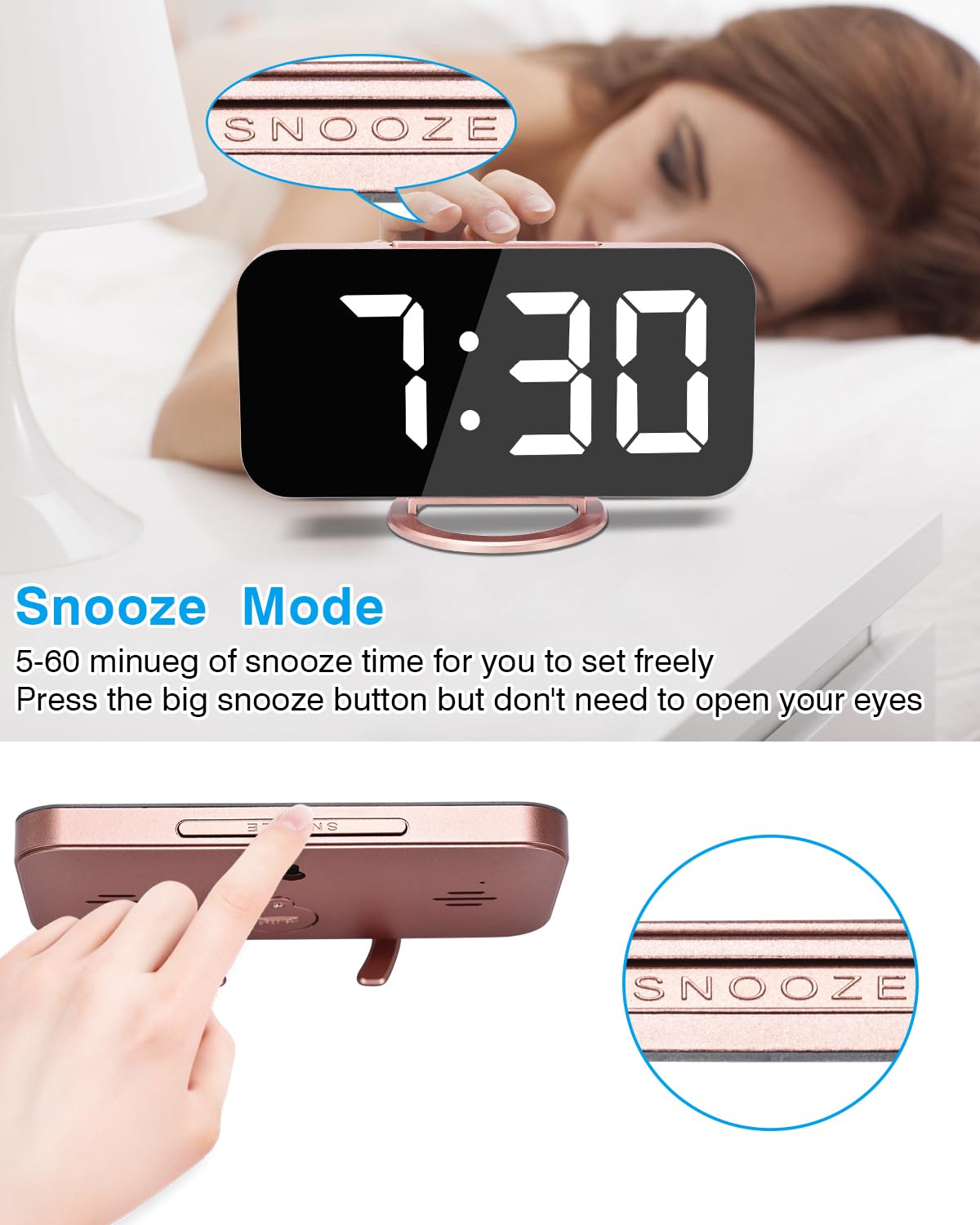 Digital Alarm Clock,7 Inch LED Mirrored Large Display, with Dual USB Charger Ports,Auto Dim,Snooze Function,Modern Desk Wall Electronic Clocks for Bedroom Living Room Office - Rose Gold