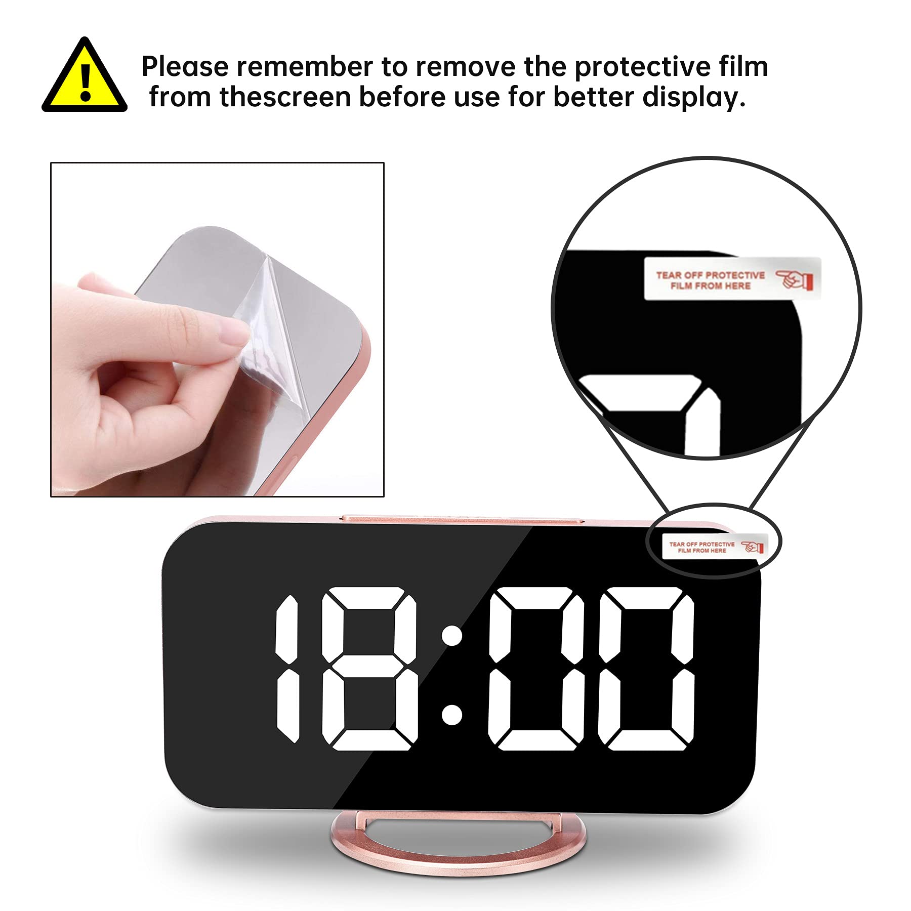 Digital Alarm Clock,7 Inch LED Mirrored Large Display, with Dual USB Charger Ports,Auto Dim,Snooze Function,Modern Desk Wall Electronic Clocks for Bedroom Living Room Office - Rose Gold