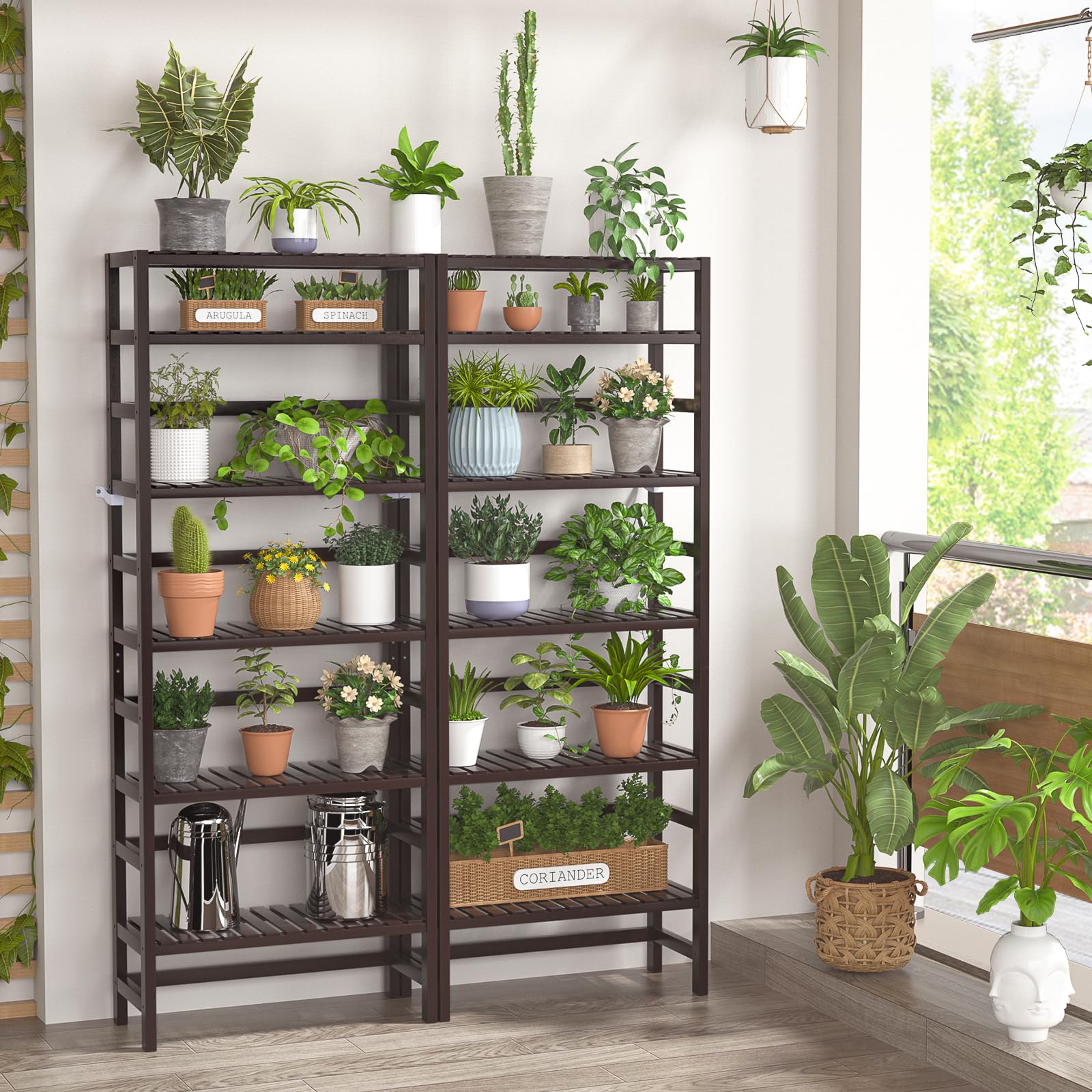 Homykic 6-Tier Bamboo Bookshelves and Bookcases, Adjustable 63.4”Tall Shallow Book Shelf Organizer Rack, Freestanding Storage Shelving Unit for Living Room, Kitchen, Bathroom, Office, Espresso