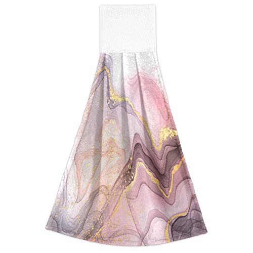 Oyihfvs Rose Gold Pink Marble Texture Ink Abstract Art 2 Pcs Hanging Kitchen Hand Towels, Hanging Tie Towels with Hook & Loop Dishcloths Sets, Decorative Absorbent Tea Bar Bath Hand Towel
