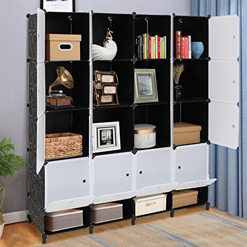 VINGLI Portable Closet Shelves, 16 Cube Clothes Organizer, Plastic Playroom Storage, Storage Closet, DIY Cube Storage Organizer with Doors and Hanging Rods