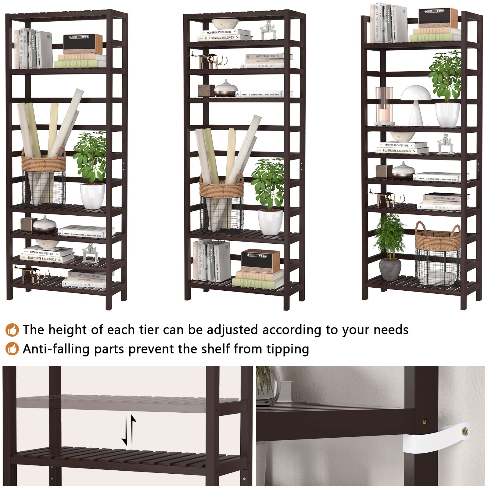 Homykic 6-Tier Bamboo Bookshelves and Bookcases, Adjustable 63.4”Tall Shallow Book Shelf Organizer Rack, Freestanding Storage Shelving Unit for Living Room, Kitchen, Bathroom, Office, Espresso