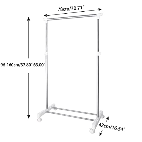 BAOYOUNI Single Rod Clothing Garment Rack on Wheels Metal Rolling Clothes Display Hanging Rail Coat Stand Storage Holder Organizer, Height Adjustable (Ivory)