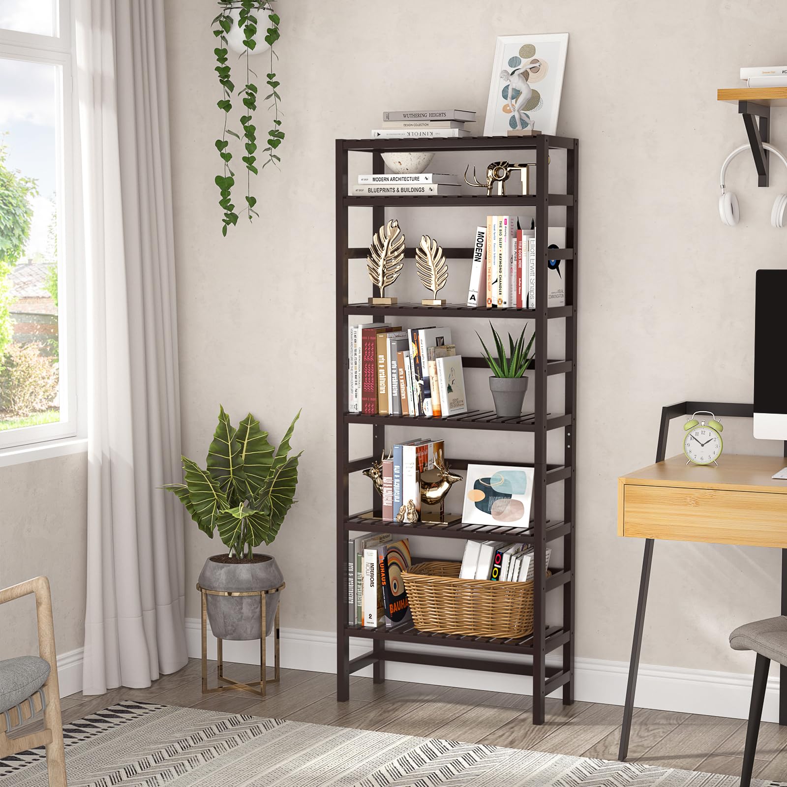 Homykic 6-Tier Bamboo Bookshelves and Bookcases, Adjustable 63.4”Tall Shallow Book Shelf Organizer Rack, Freestanding Storage Shelving Unit for Living Room, Kitchen, Bathroom, Office, Espresso