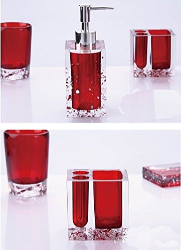 AMSS 5 Piece Stunning Bathroom Accessories Set in Crystal Like Acrylic Tumbler Dispenser Soap Dish Cups,Red