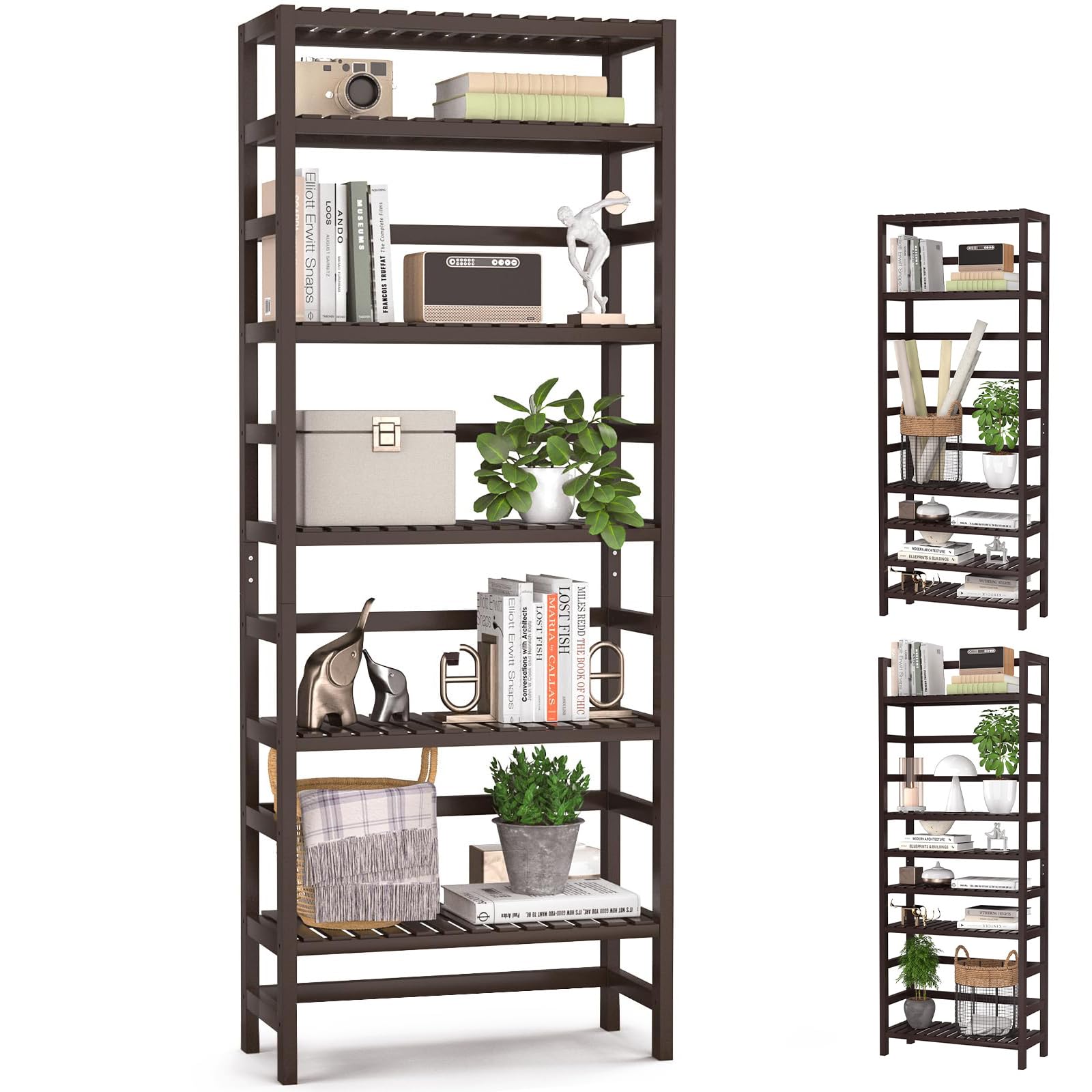 Homykic 6-Tier Bamboo Bookshelves and Bookcases, Adjustable 63.4”Tall Shallow Book Shelf Organizer Rack, Freestanding Storage Shelving Unit for Living Room, Kitchen, Bathroom, Office, Espresso