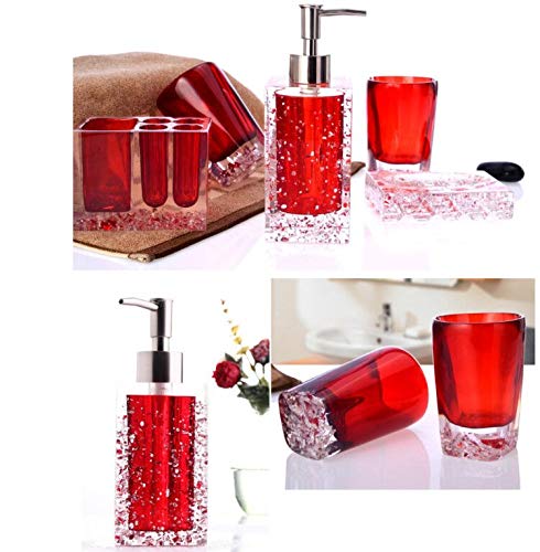 AMSS 5 Piece Stunning Bathroom Accessories Set in Crystal Like Acrylic Tumbler Dispenser Soap Dish Cups,Red