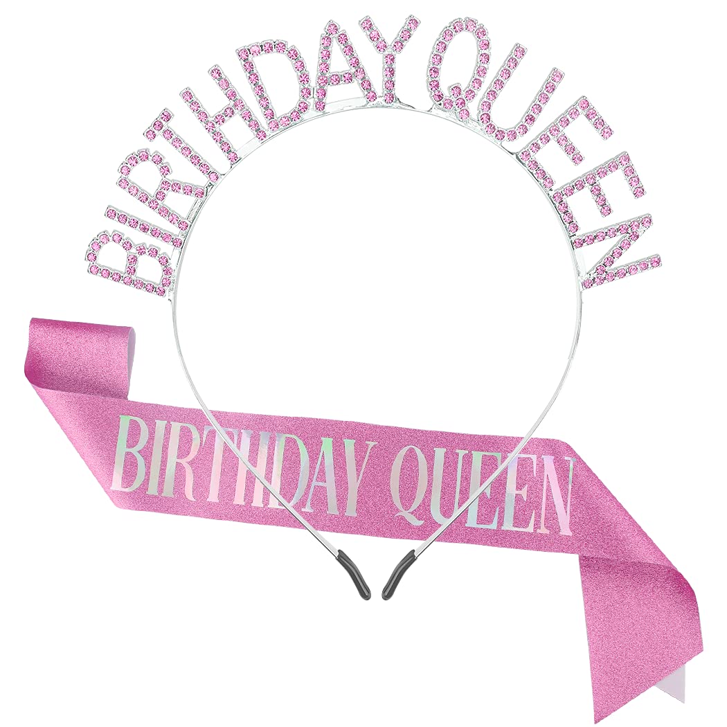Didder Birthday Crowns for Women, Pink Birthday Queen Sash & Birthday Tiara Set, Birthday Tiara for Women Birthday Crown Princess Crown Rhinestone Birthday Girl Headband Happy Birthday Accessories