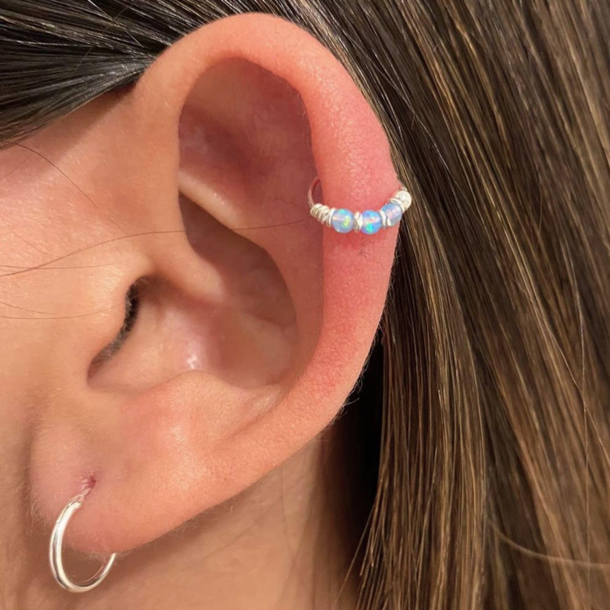 Handmade Silver Single 10MM Cartilgae Helix Piercing Hoop Earring with Trio Blue Opal, 925 Sterling Silver Very Small 10MM Thin 22Gauge Hoop for women, By Miya Jewelry
