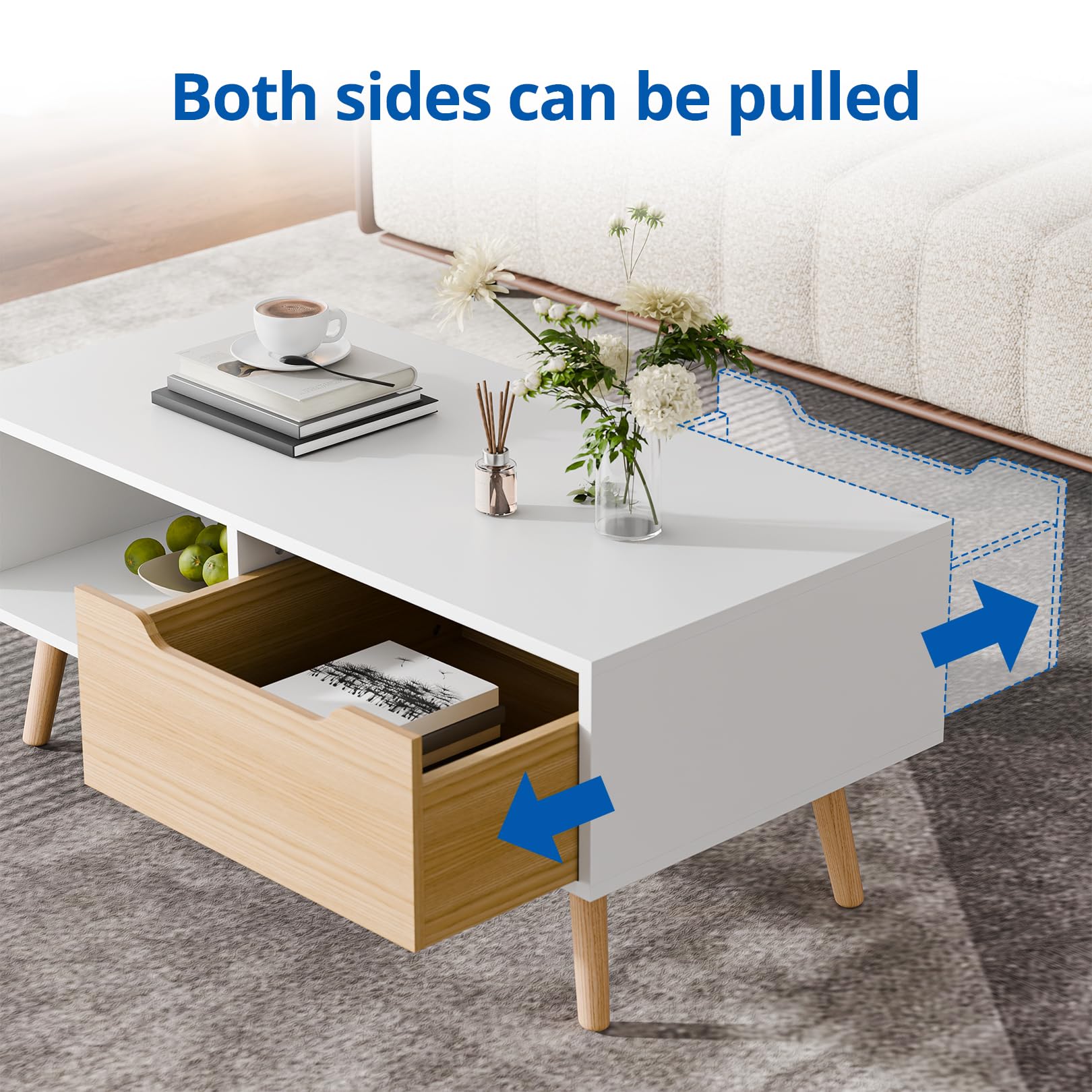 Cozy Castle Modern Coffee Table, Wooden Cocktail Table with Storage, Minimalist Hallway Table, Mid Century Modern Coffee Table for Living Room Apartment Reception, White
