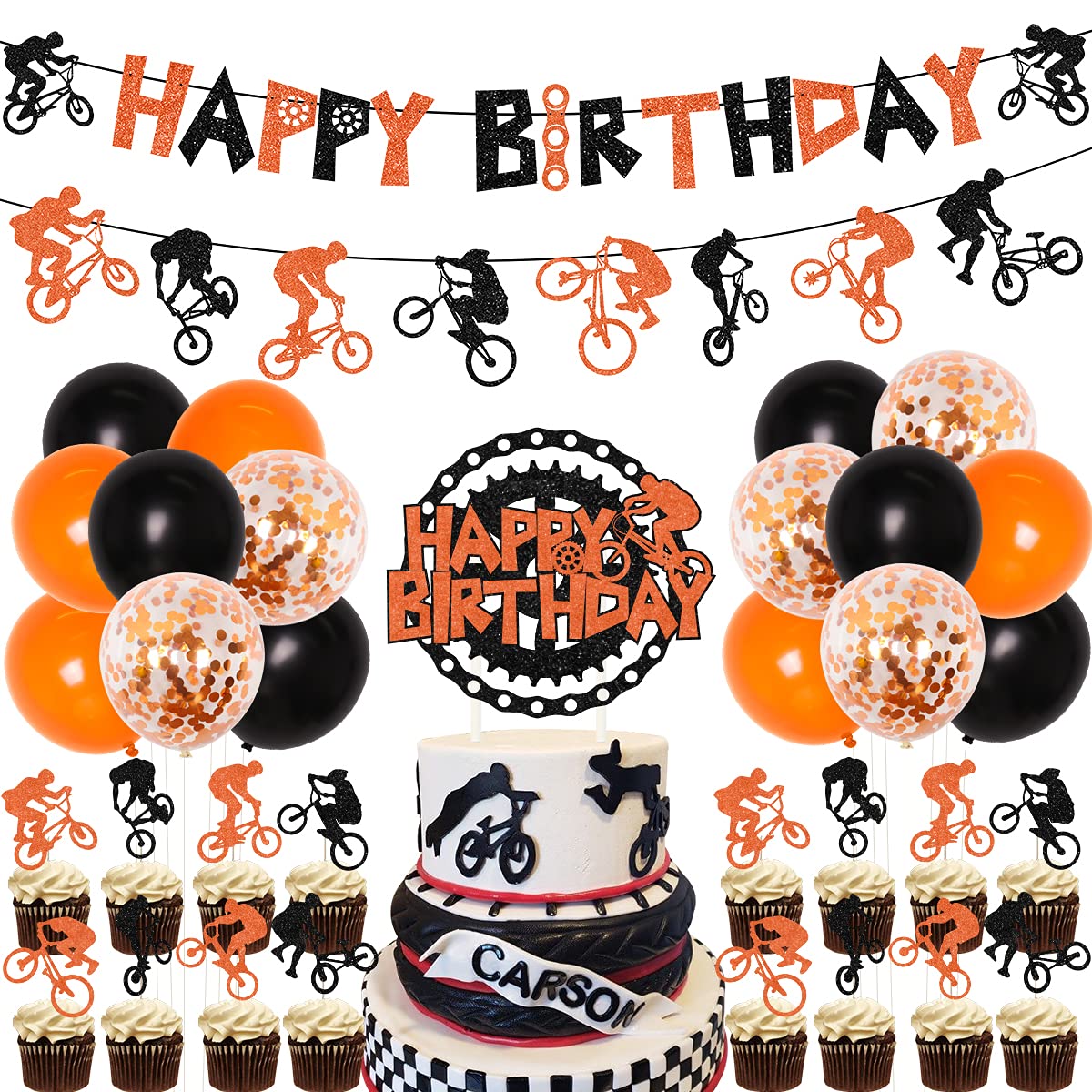 Bike Birthday Party Decorations Orange and Black Bicycle Motocross Party Decorations - BMX Happy Birthday Banner Bike Cake Topper Garland Balloons, Extreme Sports Party Supplies for Boys