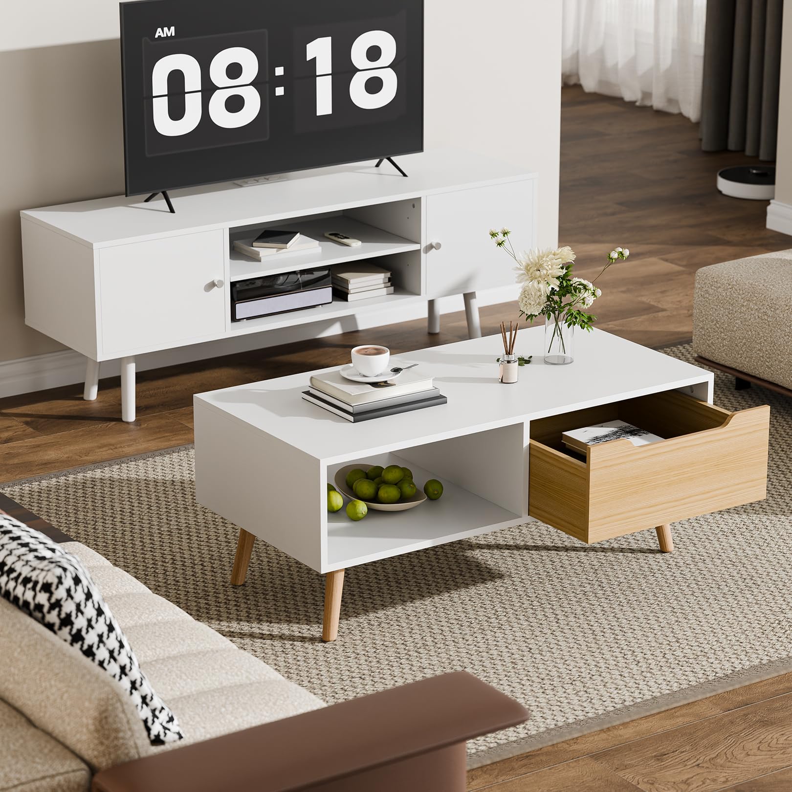 Cozy Castle Modern Coffee Table, Wooden Cocktail Table with Storage, Minimalist Hallway Table, Mid Century Modern Coffee Table for Living Room Apartment Reception, White