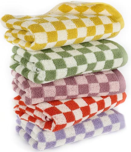 Sawowkuya 5 Pcs Checkered Hand Towels, 100% Cotton Bath Towels Checkered Towel, Soft Absorbent Hand Towels for Bathroom, 13” x 29” Cute Patterned Face Towels for Spa Gym Kitchen