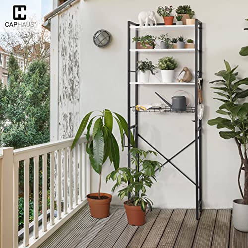 CAPHAUS Over The Toilet Storage, 4-Tier Bathroom Organizer, Freestanding Toilet Shelf, Multifunctional Space Saver Toilet Rack with 4 Hooks, Laundry Organizer, Plant Stand for Balcony (Marble White)