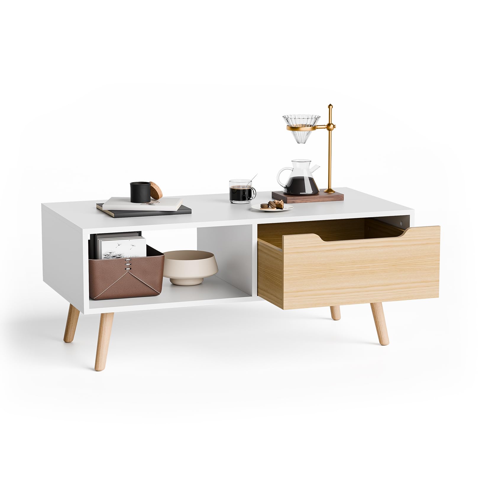 Cozy Castle Modern Coffee Table, Wooden Cocktail Table with Storage, Minimalist Hallway Table, Mid Century Modern Coffee Table for Living Room Apartment Reception, White