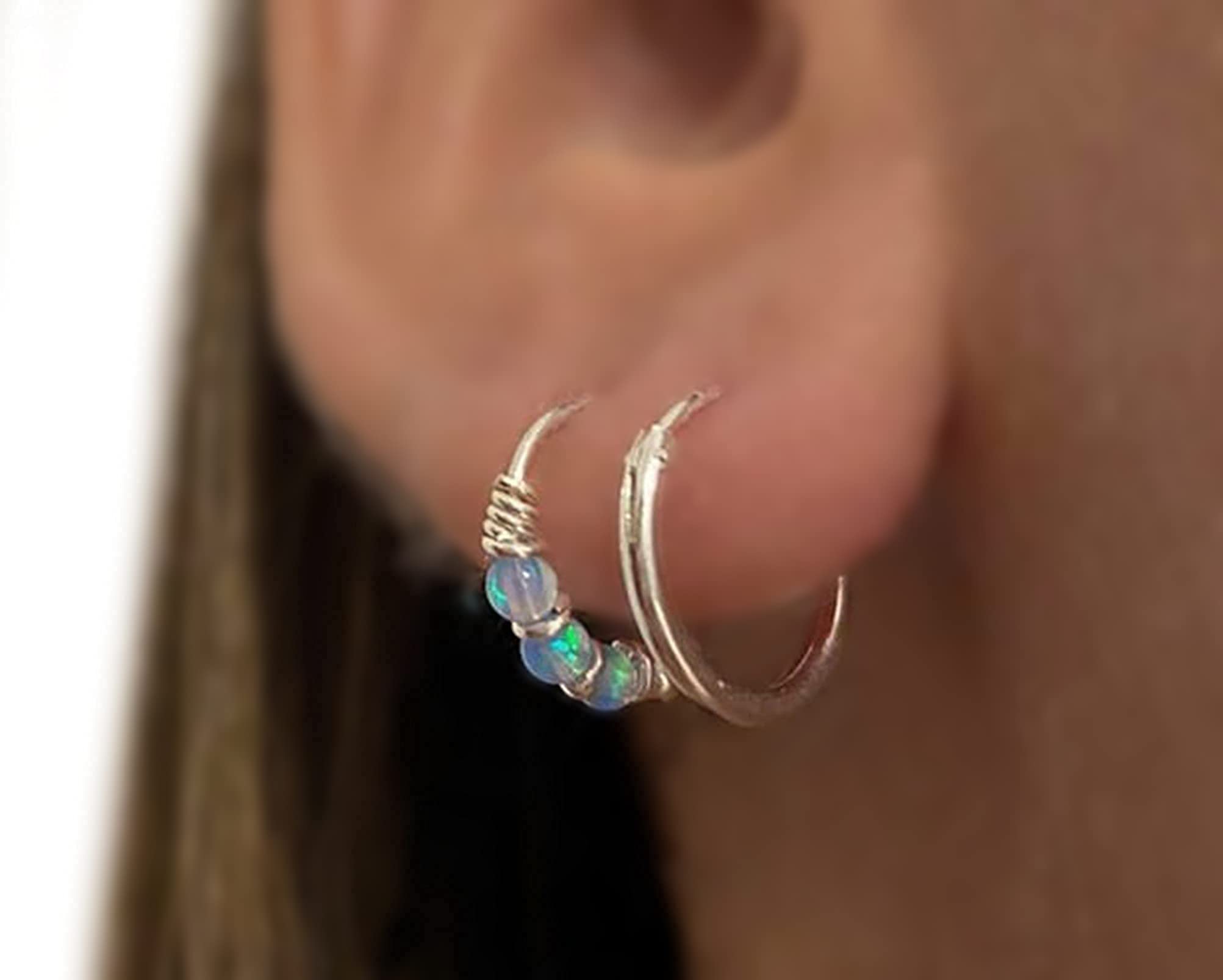 Handmade Silver Single 10MM Cartilgae Helix Piercing Hoop Earring with Trio Blue Opal, 925 Sterling Silver Very Small 10MM Thin 22Gauge Hoop for women, By Miya Jewelry