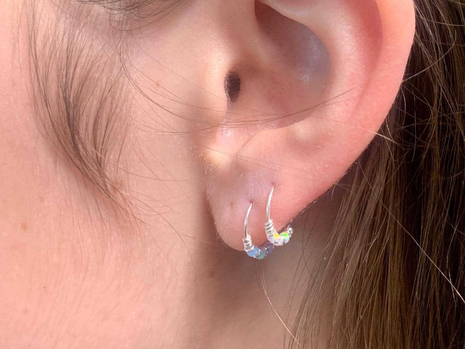 Handmade Silver Single 10MM Cartilgae Helix Piercing Hoop Earring with Trio Blue Opal, 925 Sterling Silver Very Small 10MM Thin 22Gauge Hoop for women, By Miya Jewelry