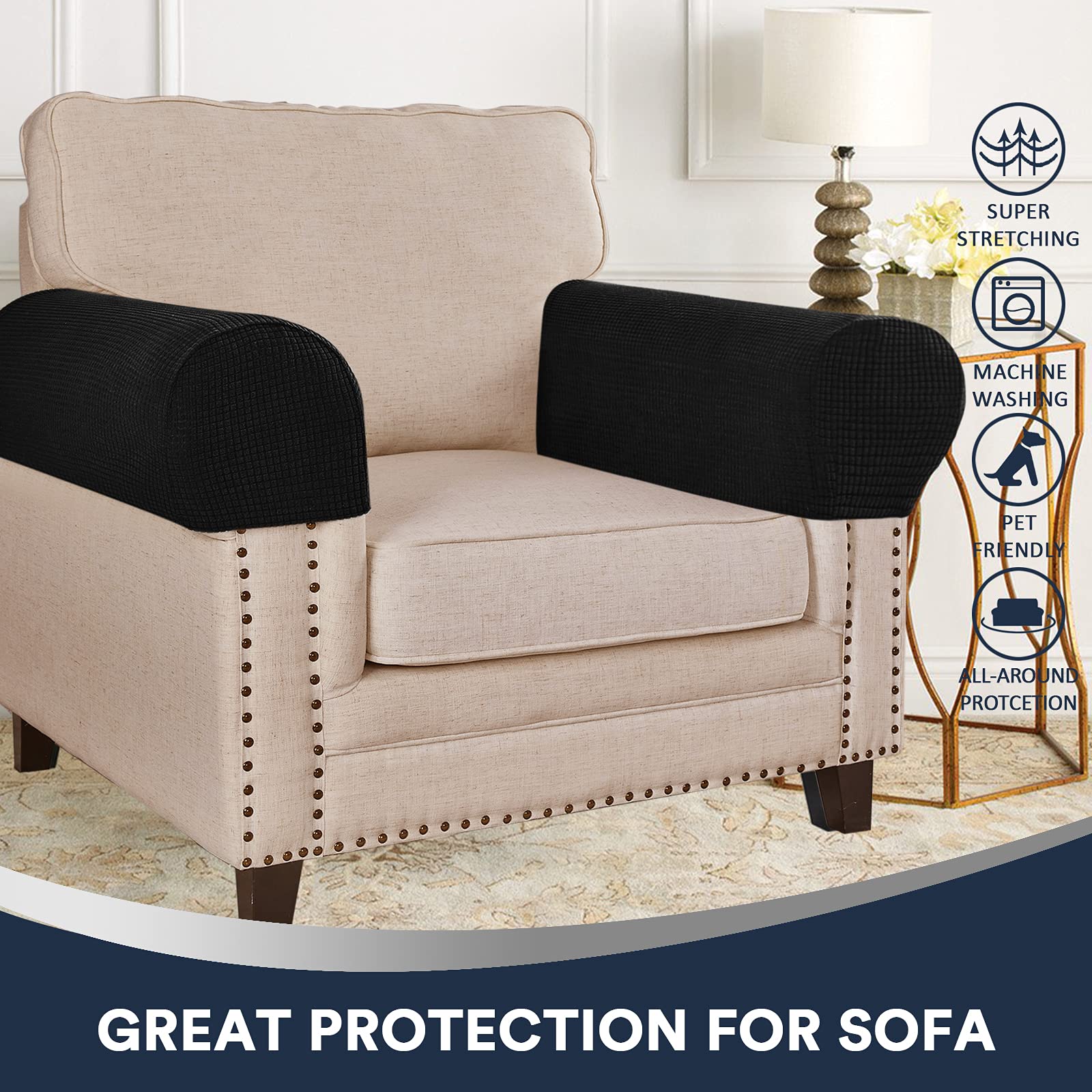 Stretch Sofa Armrest Covers Spandex Jacquard Arm Covers for Chairs and Sofas Anti-Slip Couch Armrest Covers with Sticker Furniture Armrest Protector for Sofa Couch Chair Recliner, Set of 2, Black